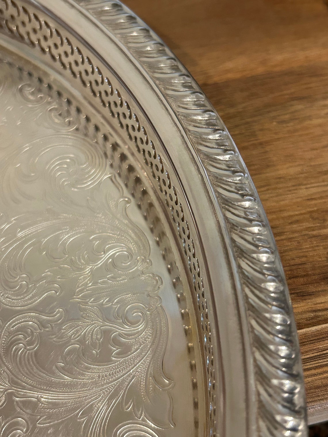 Vintage Silver Serving Tray Etched 15 Round Floral Pattern Braided Trim ...