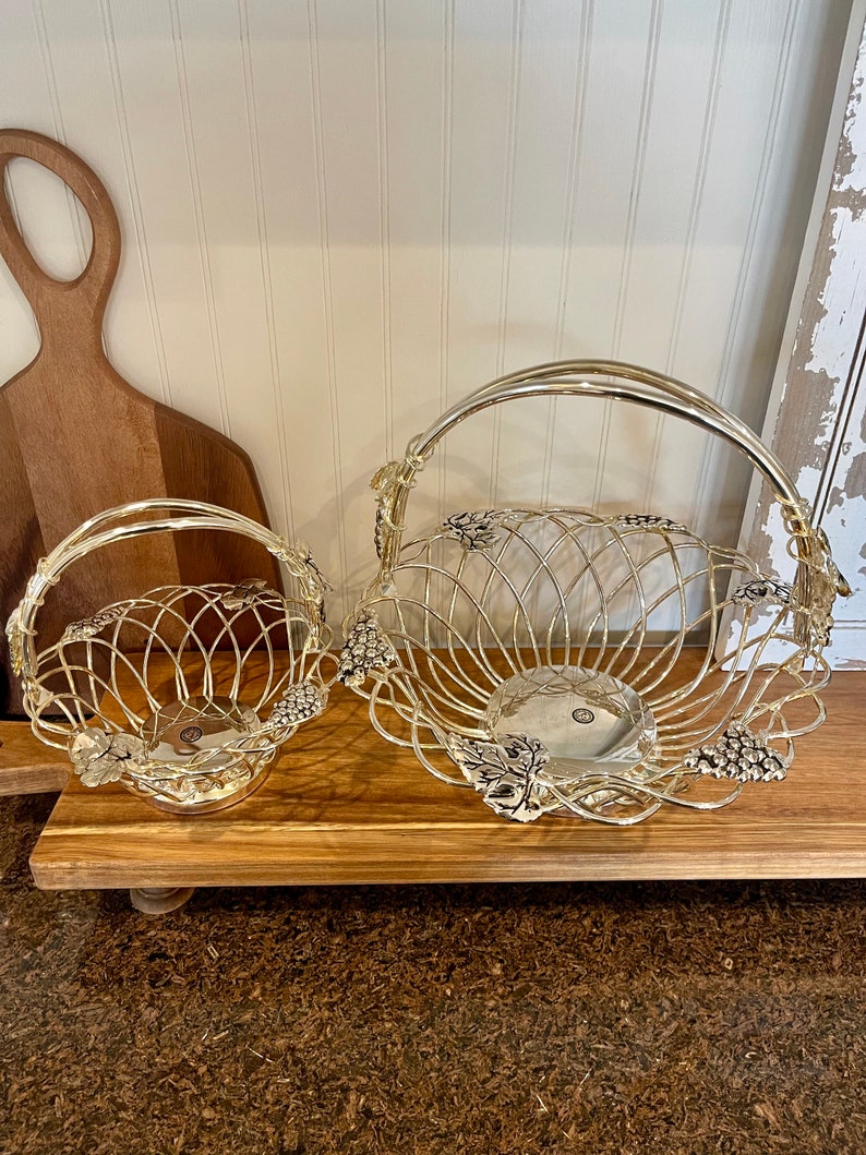 Vintage Godinger Silver Plate Wire Basket Set With Handle Grape Leaves ...