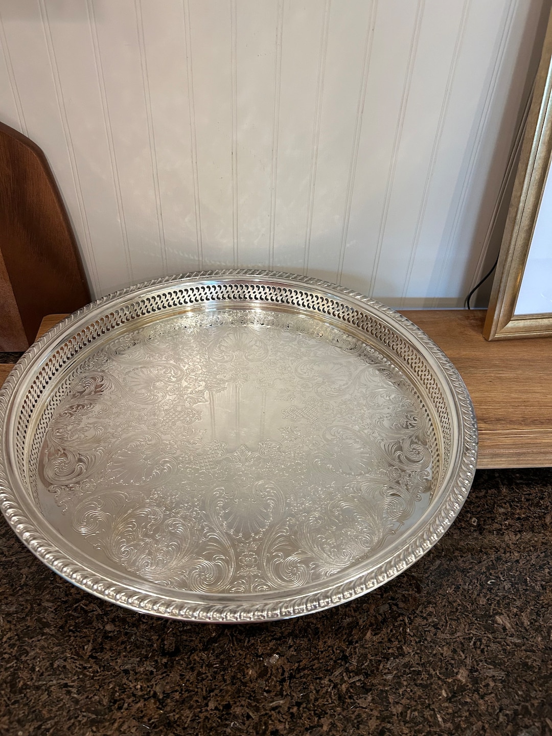 Vintage Silver Serving Tray Etched 15 Round Floral Pattern Braided Trim ...