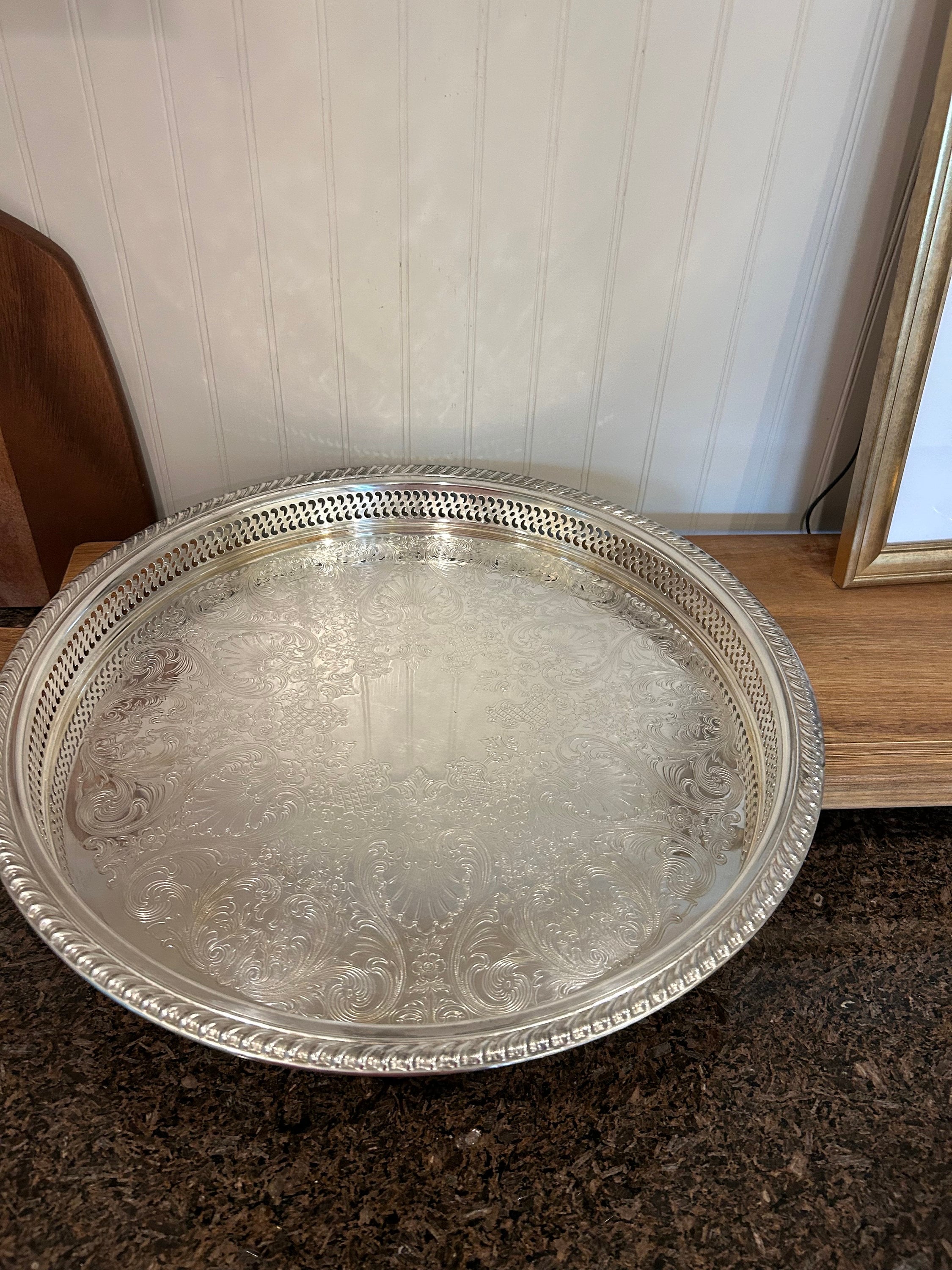 Vintage Silver Serving Tray Etched 15 Round Floral Pattern Braided Trim - Etsy