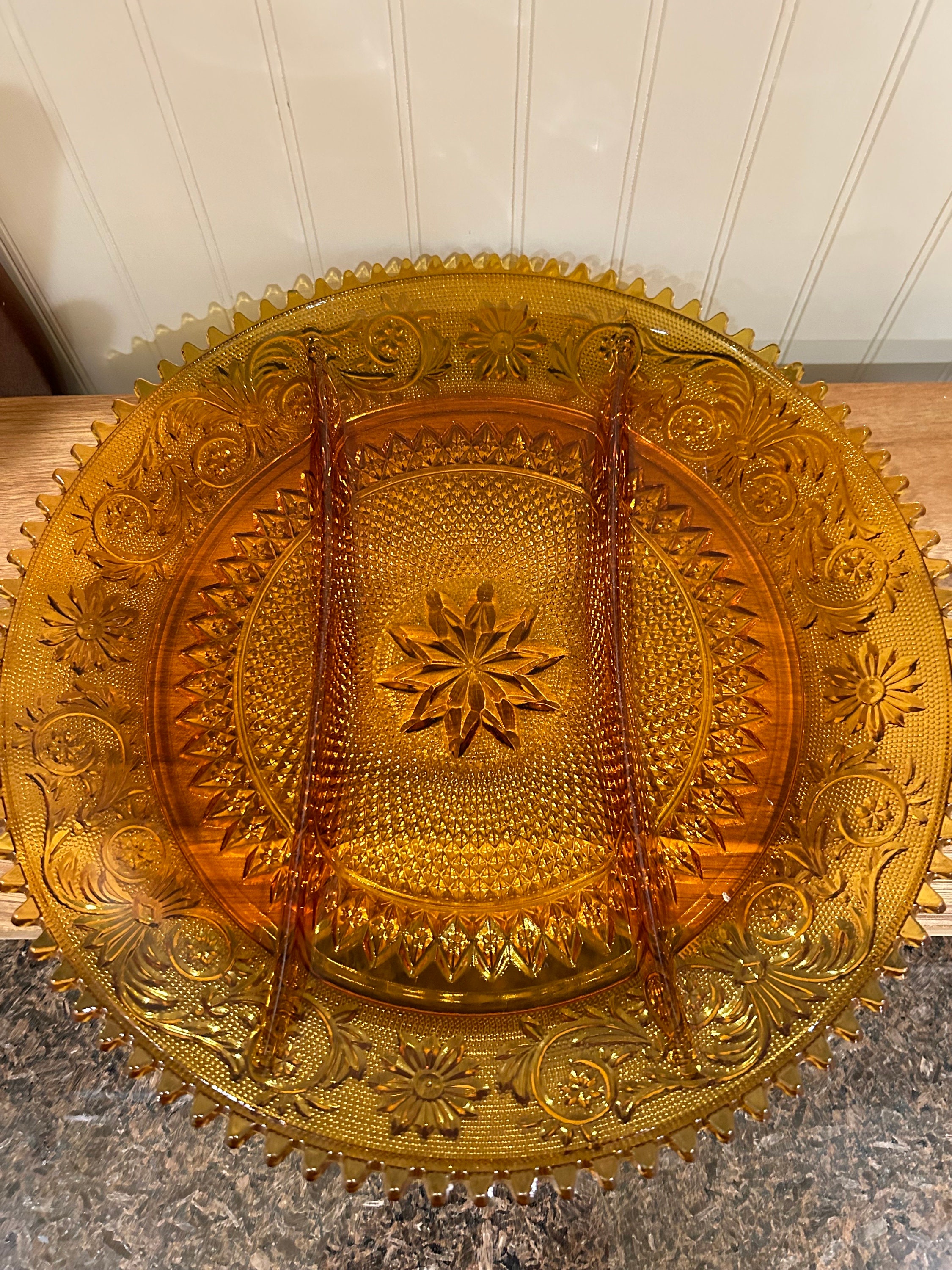 Vintage Indiana Amber Glass Divided Serving Tray/ Platter Sawtooth 12 ...
