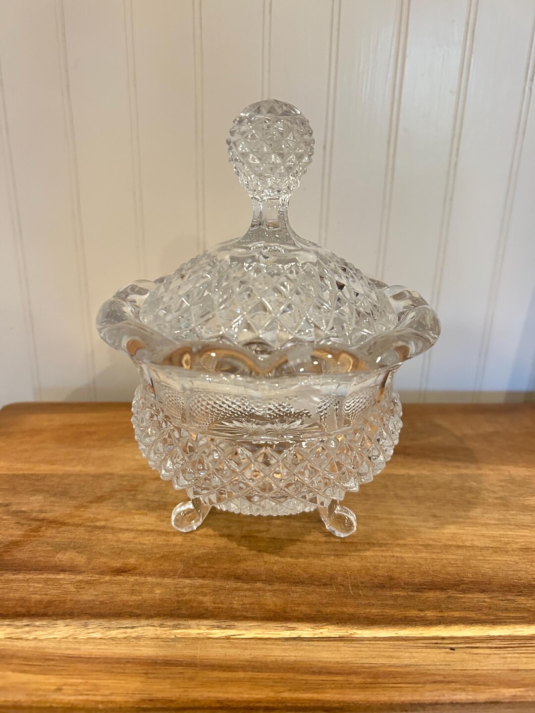 Vintage Candy Dish Crystal Scalloped Edge 3-footed Lidded Diamond ...