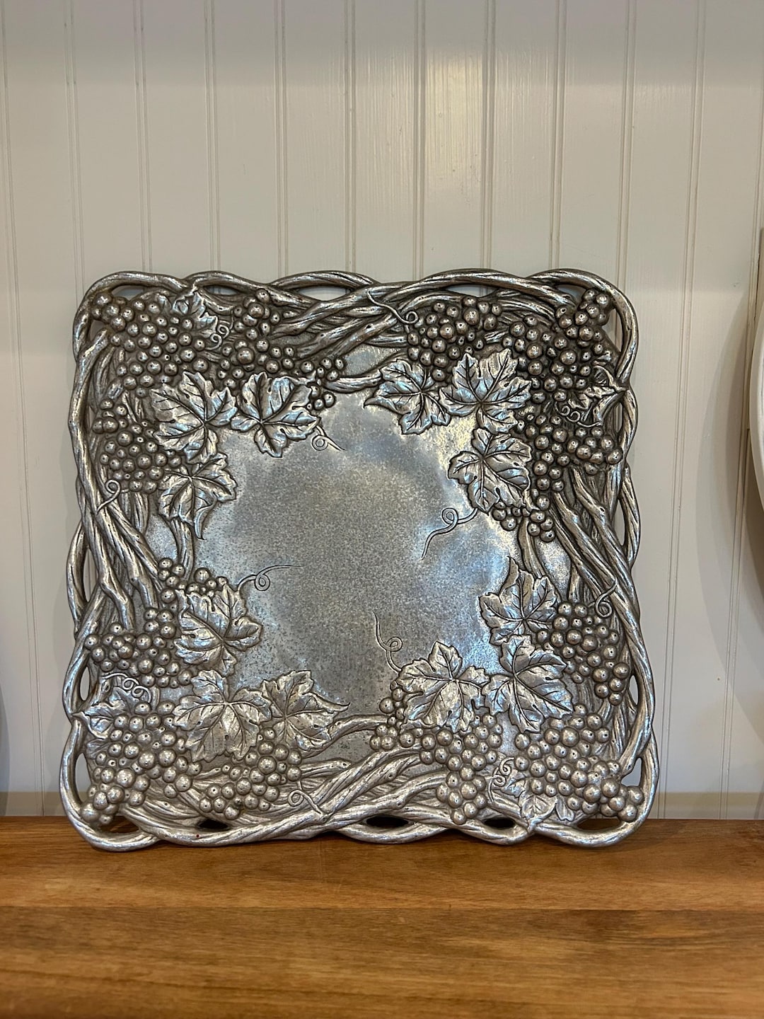 Vtg Arthur Court Grapes & Leaves Handmade 12" Square Aluminum Tray ...