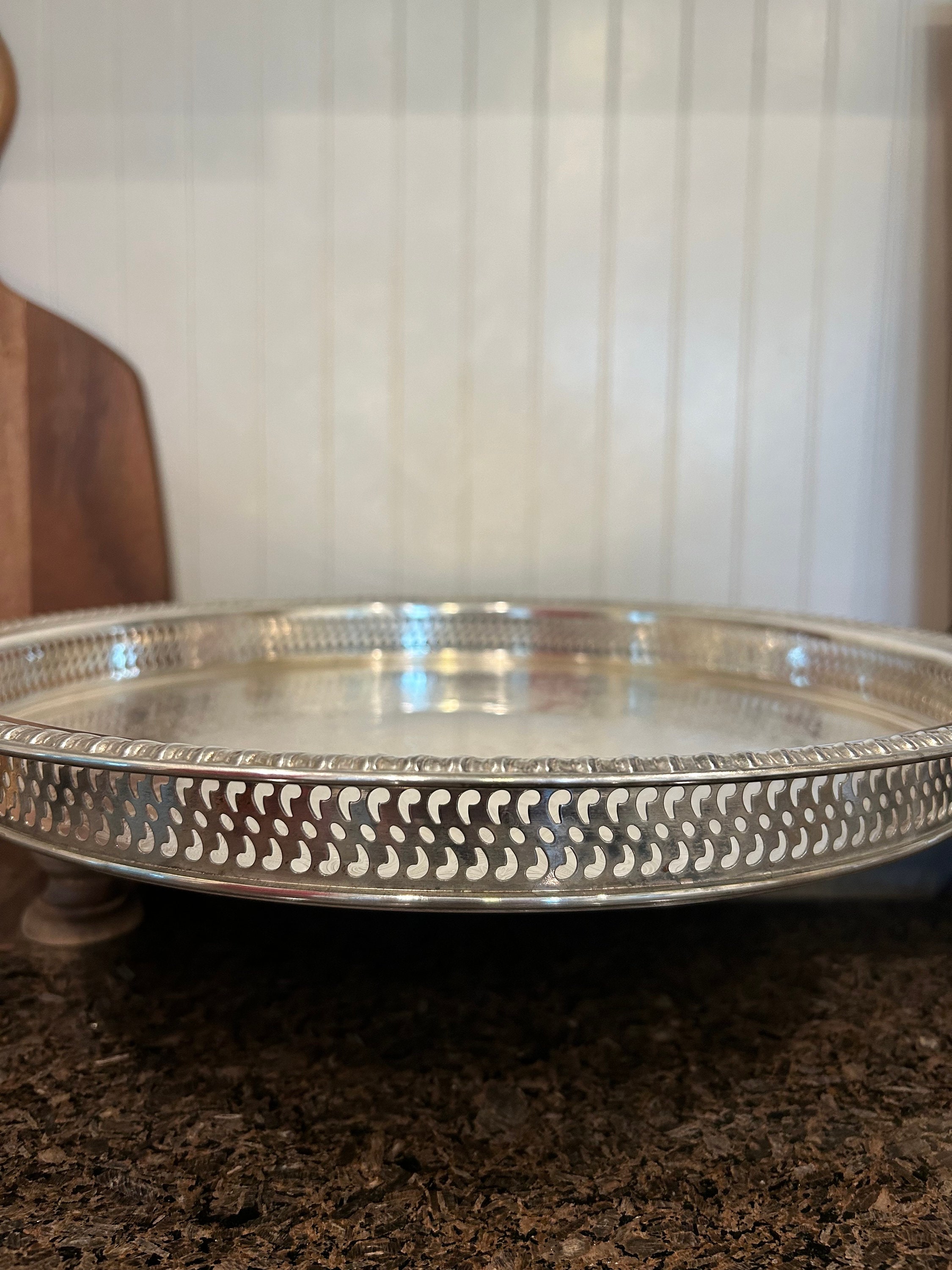 Vintage Silver Serving Tray Etched 15 Round Floral Pattern Braided Trim ...