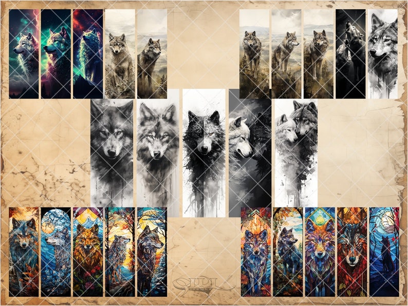 Wolf Lovers Printable Bookmark Bundle Set of 50, Wolves Sublimation Bundle PNG, Aurora Borealis ...