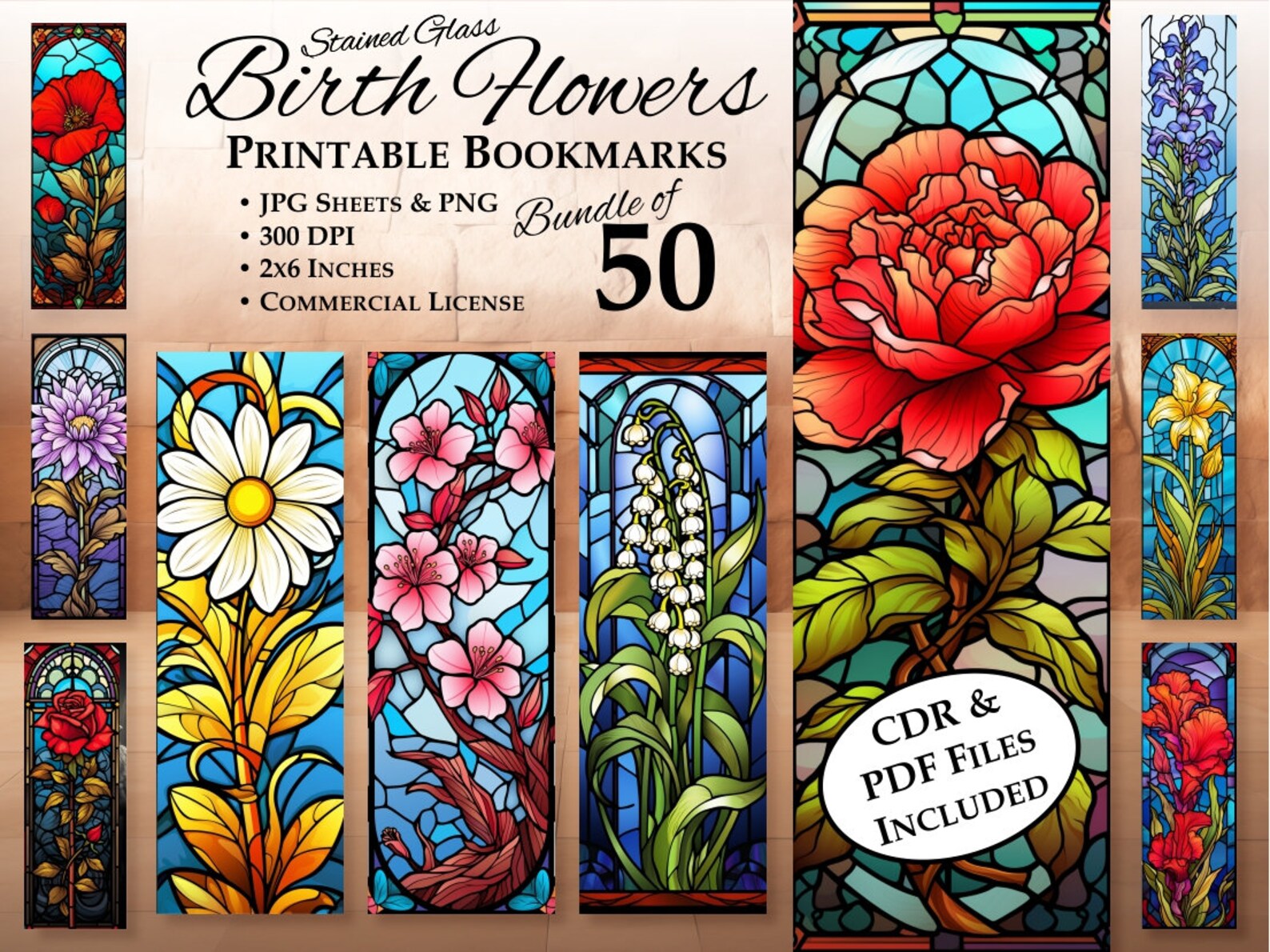 Birth Month Flower Stained Glass Printable Bookmark Bundle Set of 50 ...