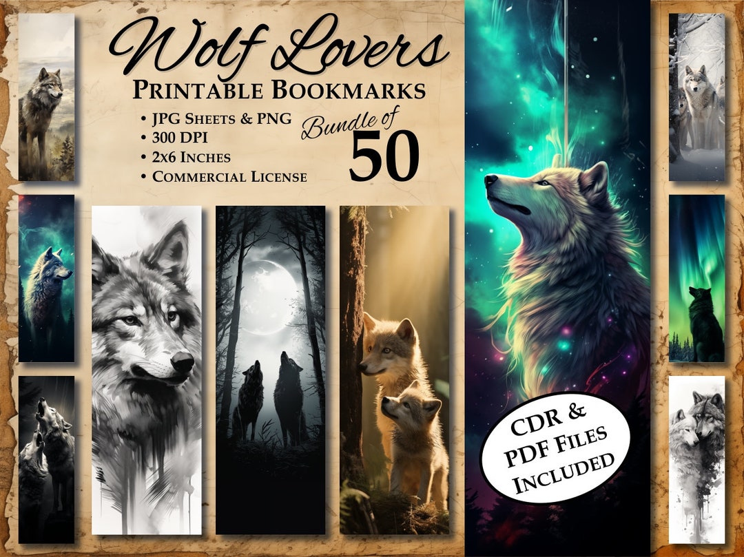 Wolf Lovers Printable Bookmark Bundle Set of 50, Wolves Sublimation ...