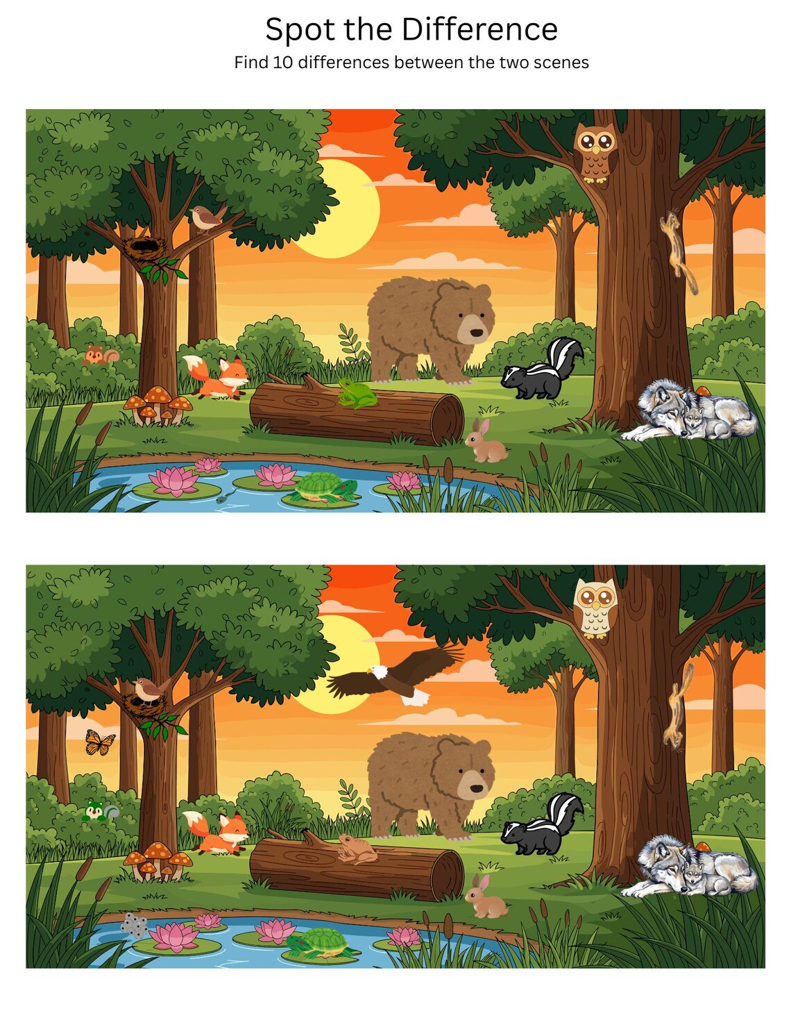 Spot the Difference- Kid's Activity Sheet - Animals, Forest - Etsy