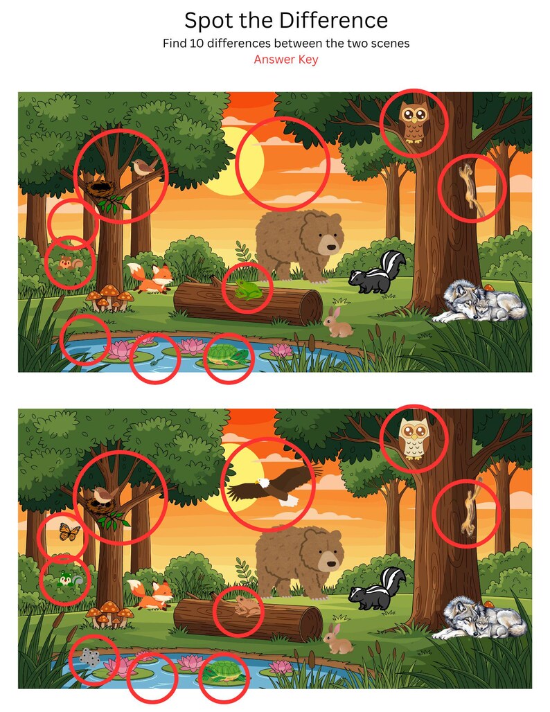 Spot the Difference- Kid's Activity Sheet - Animals, Forest - Etsy