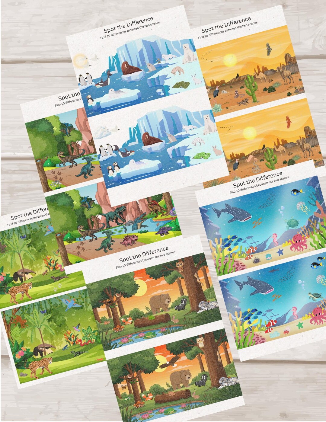 Spot the Difference- Kid's Activity Sheet Bundle- 6 Animal Scenes, Find ...