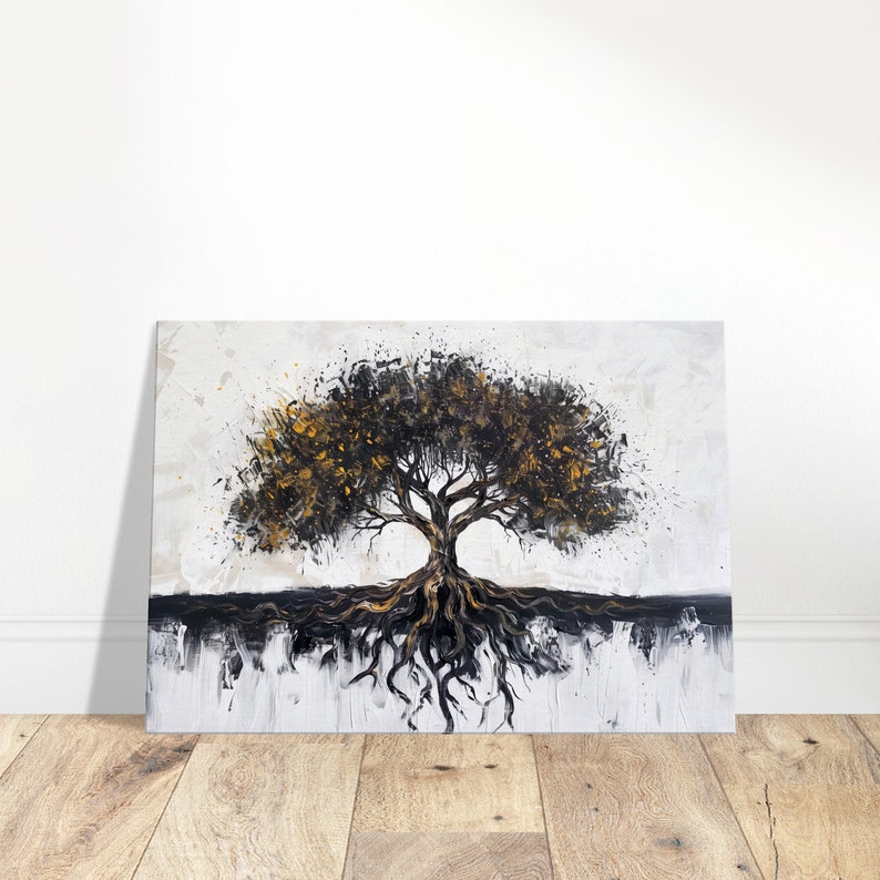 Baum des Lebens schwarz und weiß gedruckt auf Leinwand, Yggdrasil Wandkunst, Lebensbaum-Gemälde ...