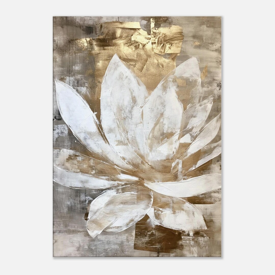 Lotus Flower in White & Gold, Abstract Canvas Picture, Abstract Floral ...