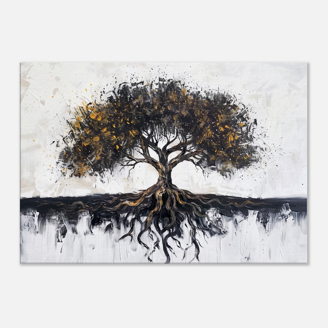 Baum des Lebens schwarz und weiß gedruckt auf Leinwand, Yggdrasil Wandkunst, Lebensbaum-Gemälde ...