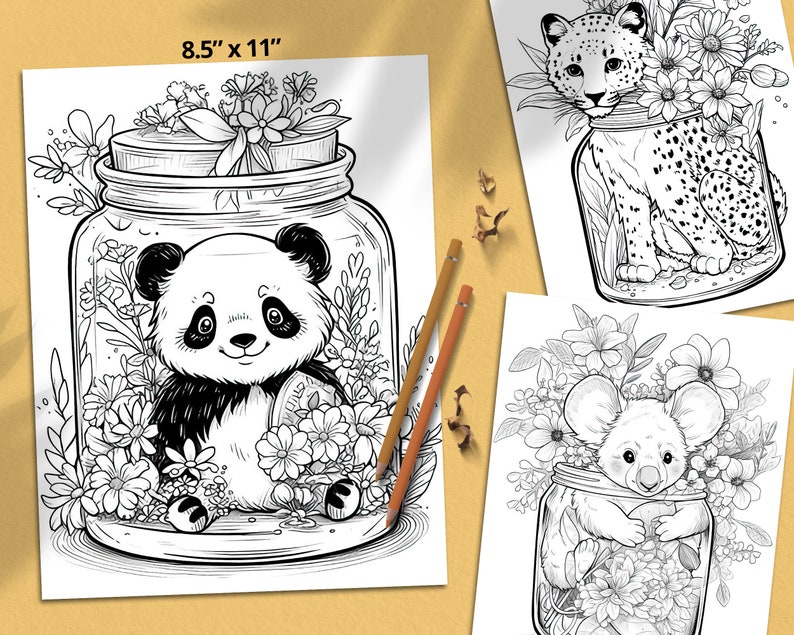 Animals in Jars Cottagecore Coloring Kawaii Coloring - Etsy