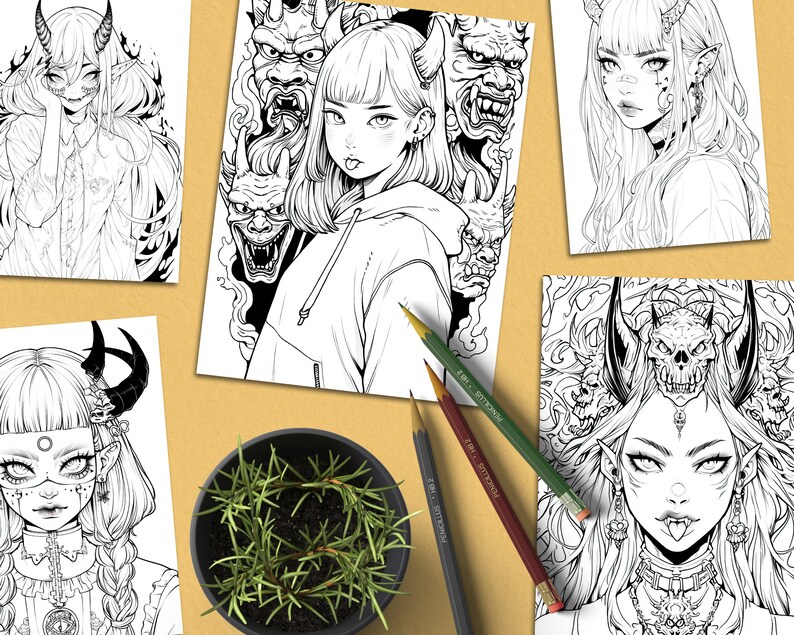 Demon Anime Girls Coloring Book Pages for Kids and Adults, Instant ...