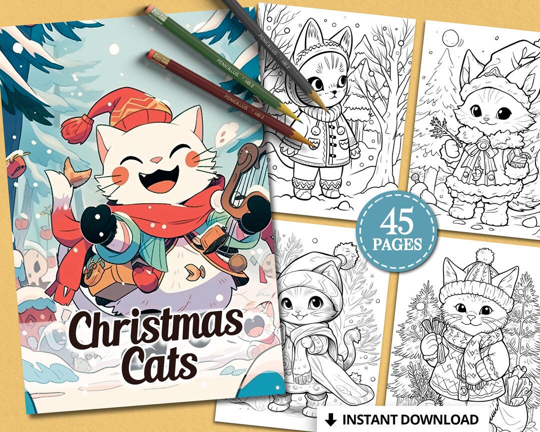 Christmas Cats Coloring Book Pages for Kids and Adults, Instant Digital ...
