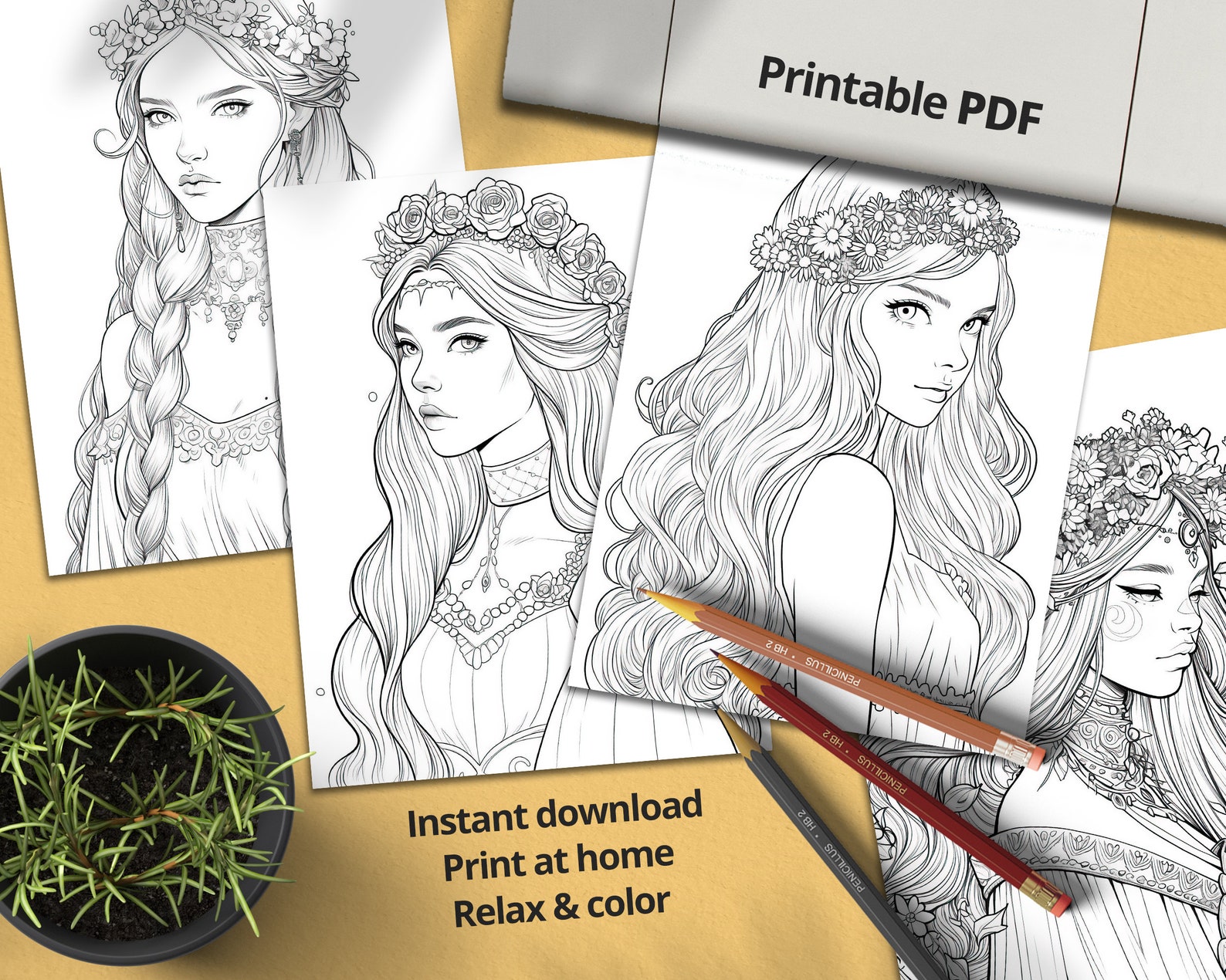 Flower Princess Coloring Book Pages for Kids and Adults - Etsy