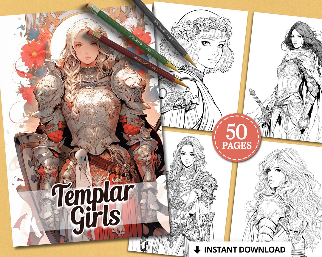Templar Girls Coloring Book Pages for Kids and Adults, Instant Digital ...