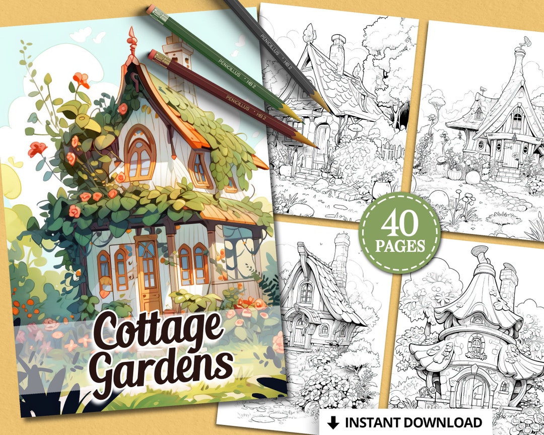 Cottage Garden Coloring Book Pages for Kids & Adults Relaxing Kawaii ...