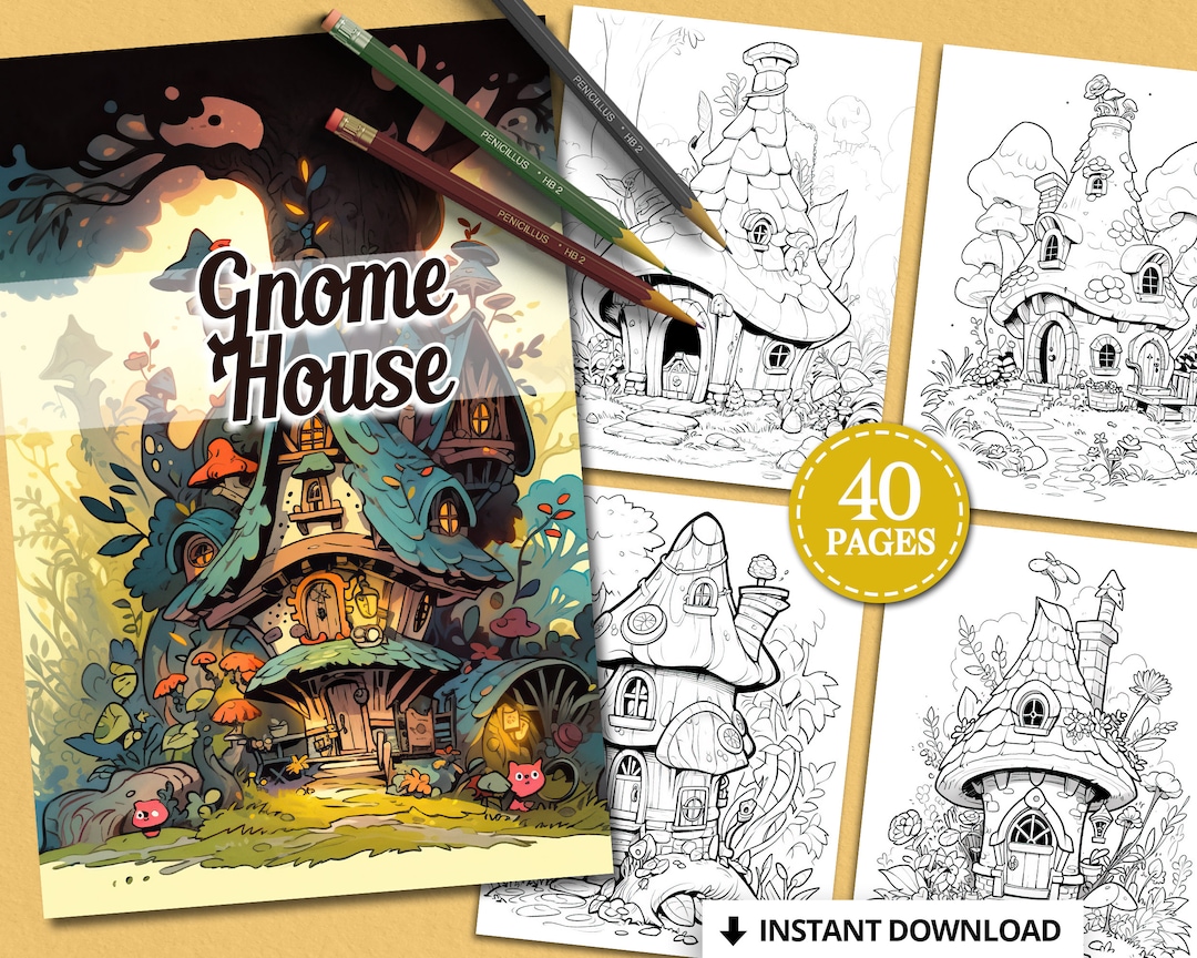 Cute Gnome House Coloring Book Pages for Kids and Adults, Instant ...