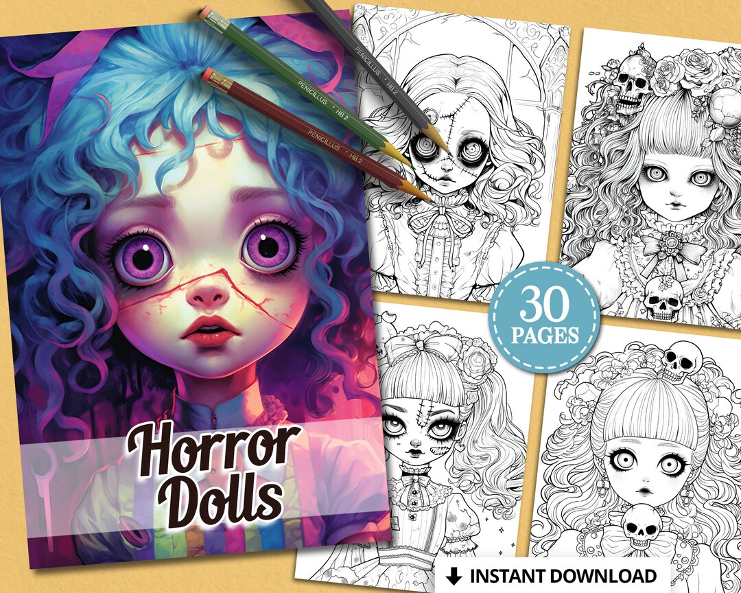 Horror Dolls Coloring Book Pages for Kids and Adults, Instant Digital ...