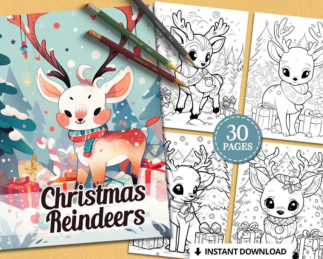 Christmas Reindeers Coloring Book Pages for Kids and Adults, Instant ...