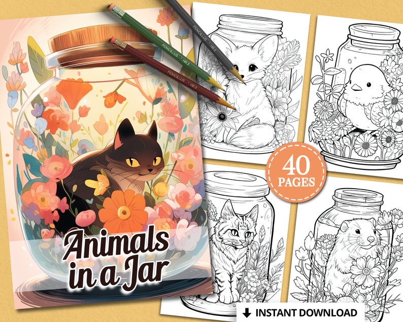 Animals in Jars Cottagecore Coloring Kawaii Coloring - Etsy