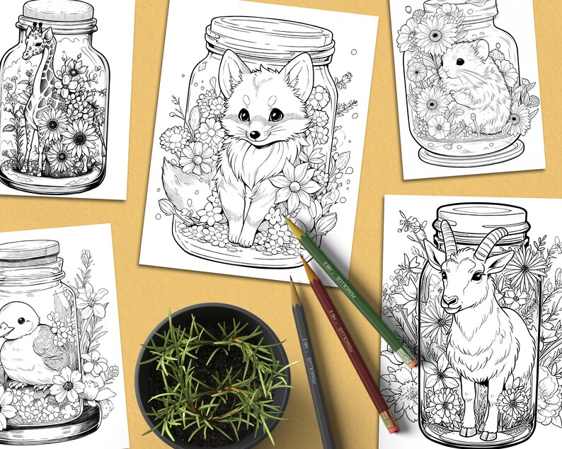 Animals in Jars Cottagecore Coloring Kawaii Coloring - Etsy