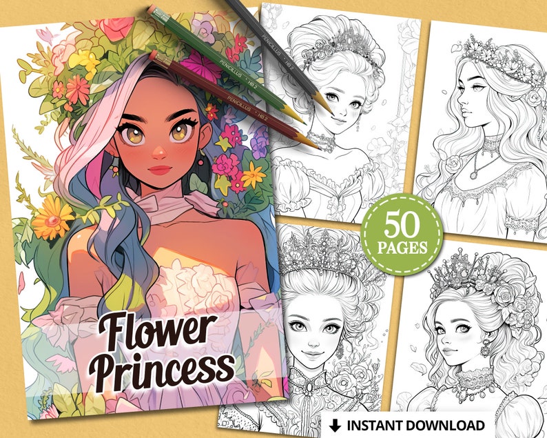 Flower Princess Coloring Book Pages for Kids and Adults - Etsy