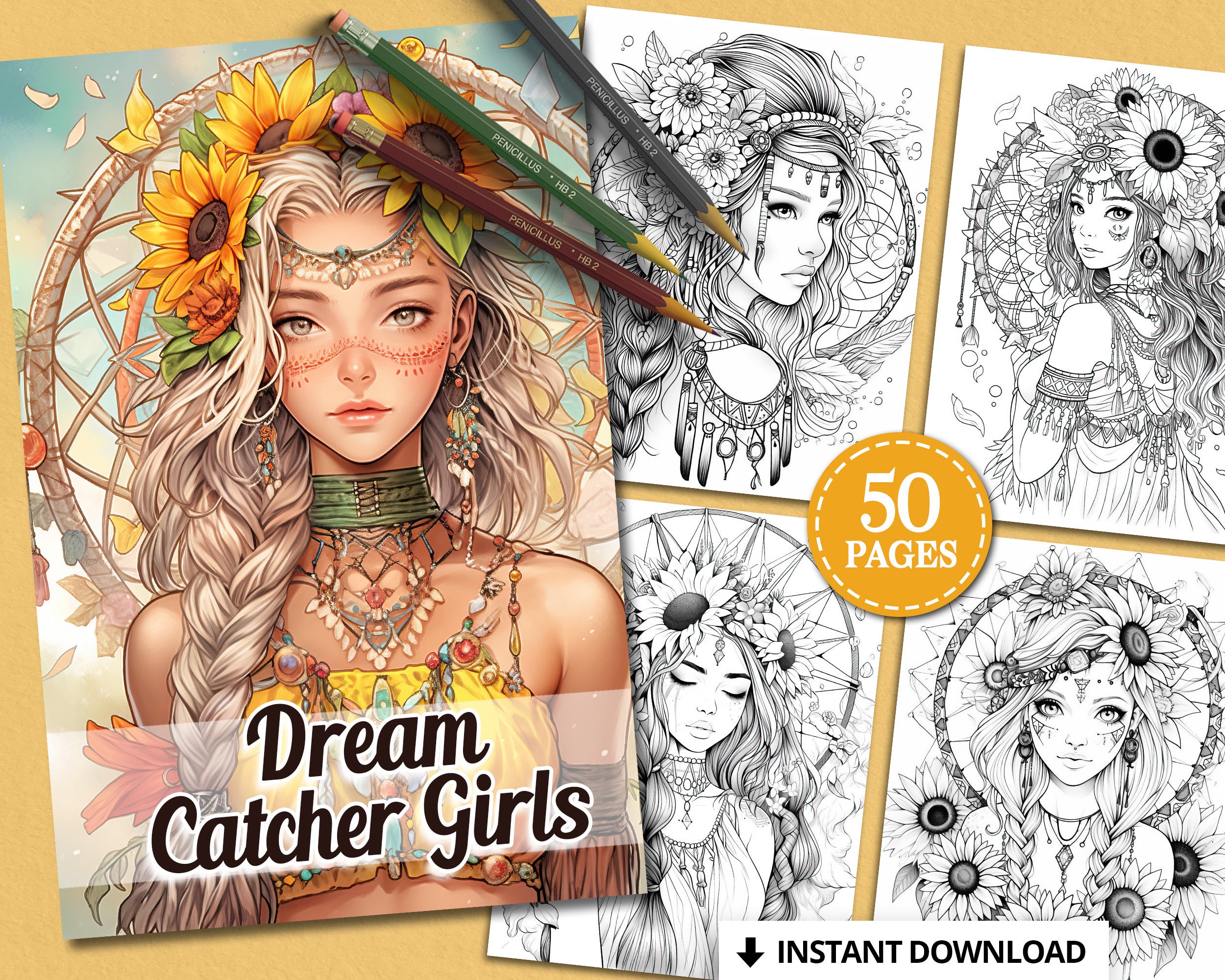 Dreamcatcher Girls Coloring Book Pages for Kids and Adults, Instant ...