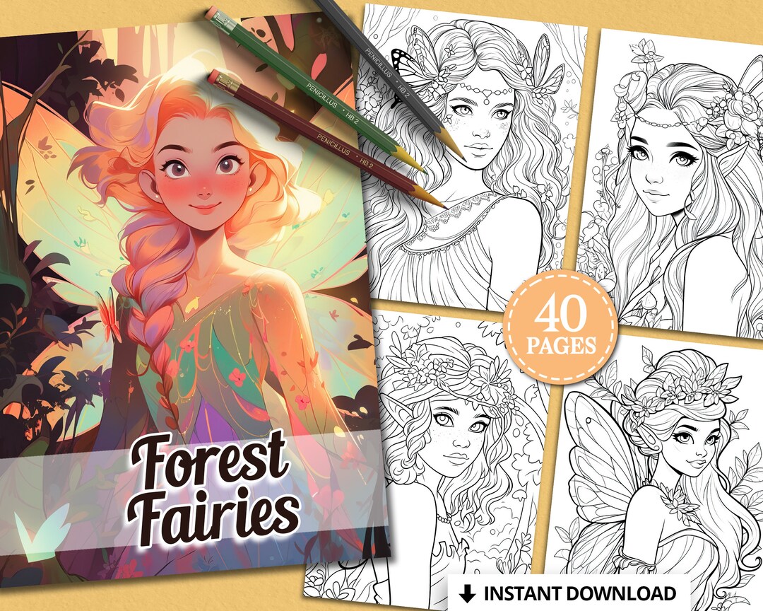 Forest Fairies Coloring Book Pages for Kids and Adults, Instant Digital ...