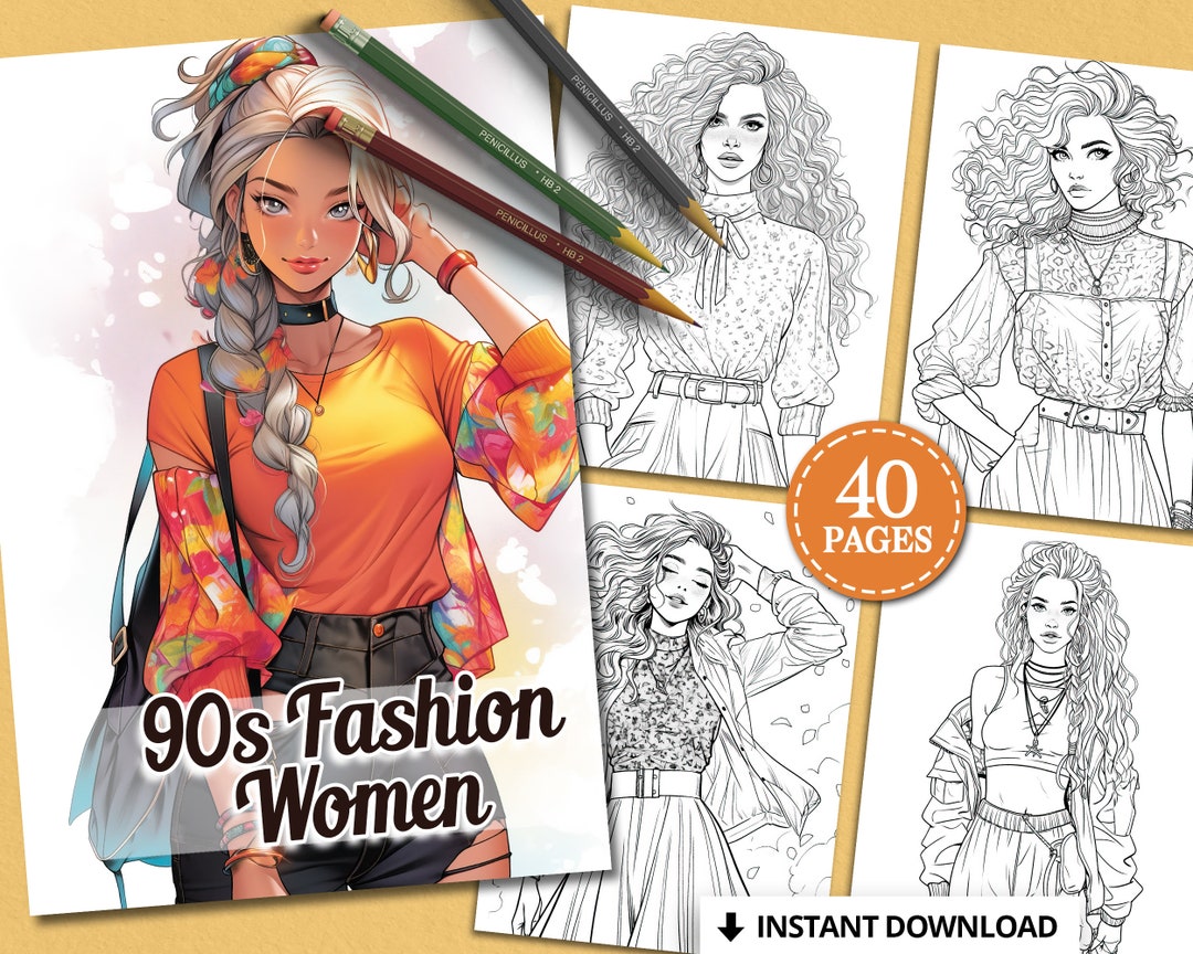 90s Fashion Women Coloring Book Pages for Kids and Adults - Etsy