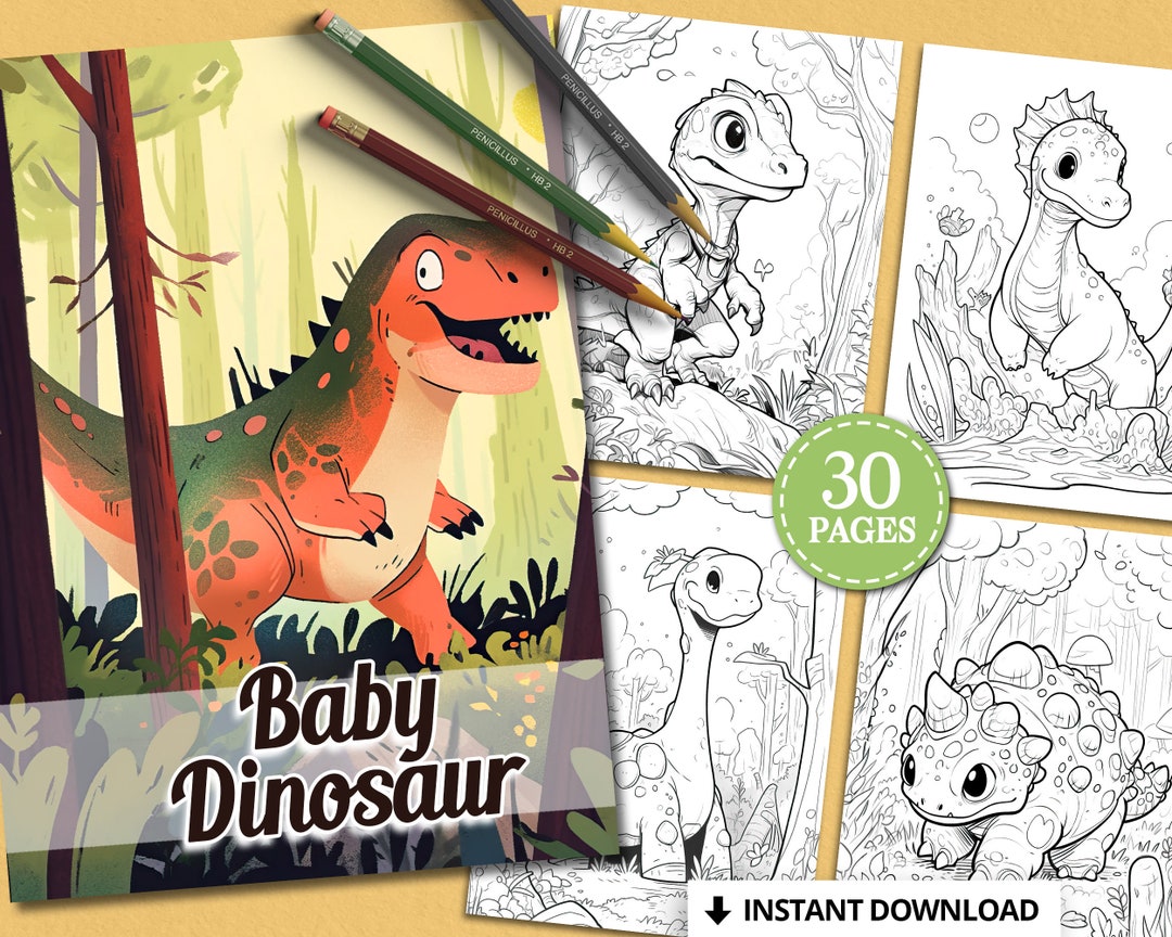 Baby Dinosaur Coloring Book Pages for Kids and Adults, Instant Digital ...