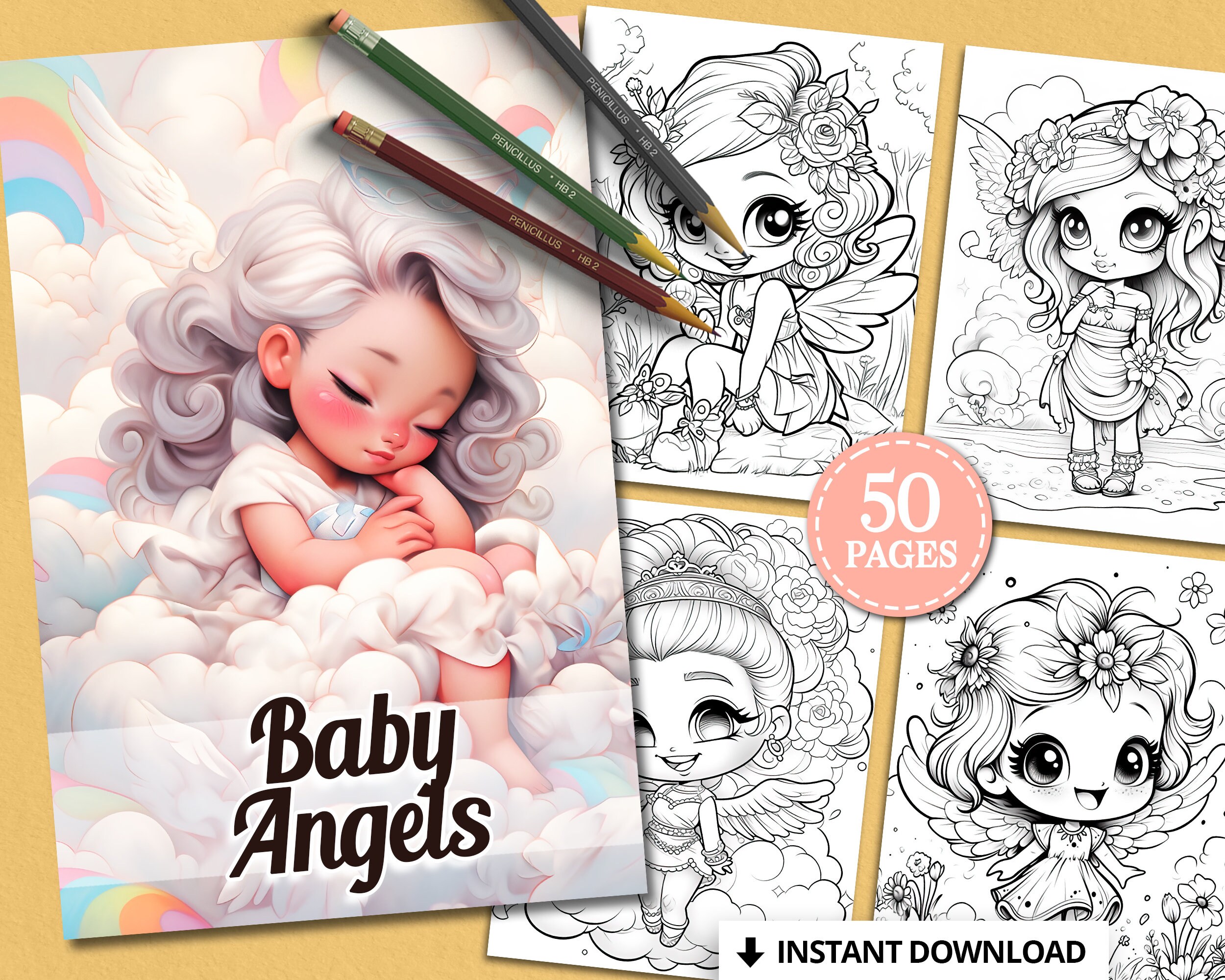 Baby Angels Coloring Book Pages for Kids and Adults, Instant Digital ...