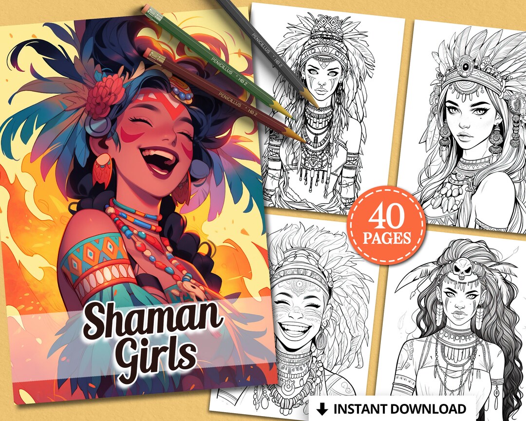 Shaman Girls Coloring Book Pages for Kids and Adults, Instant Digital ...