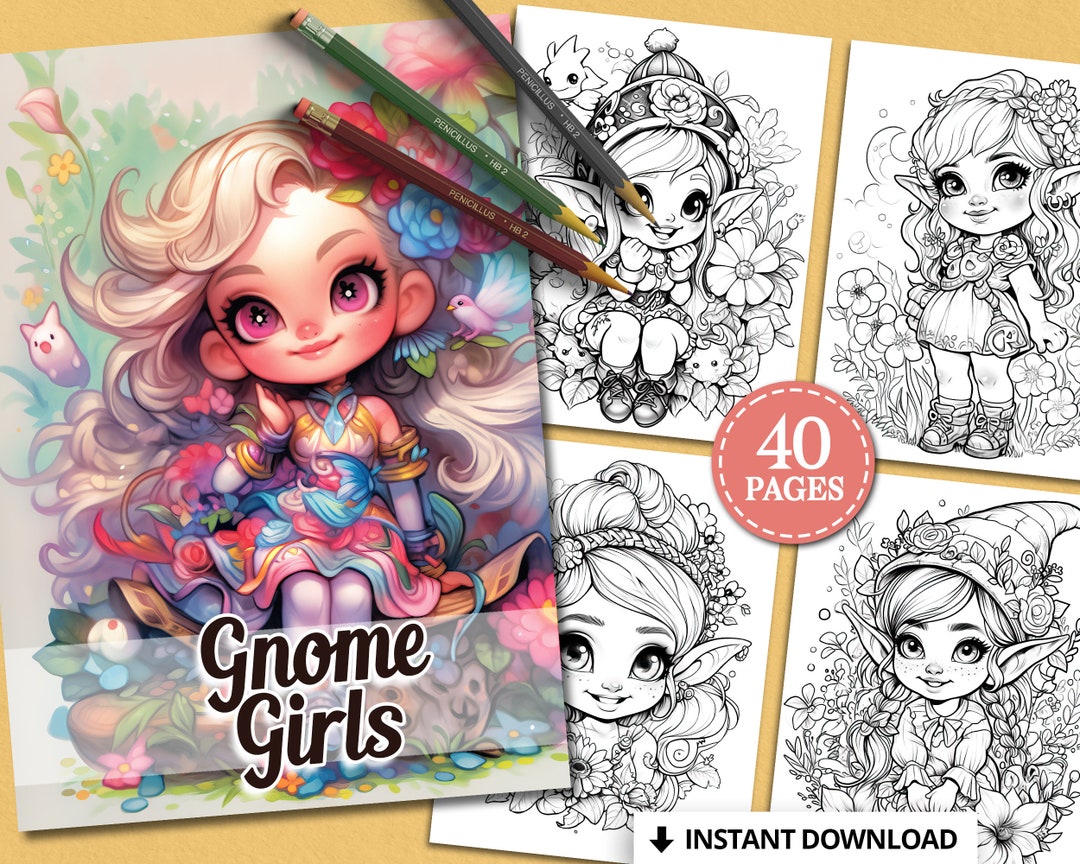 Gnome Girls Coloring Book Pages for Kids and Adults, Instant Digital ...