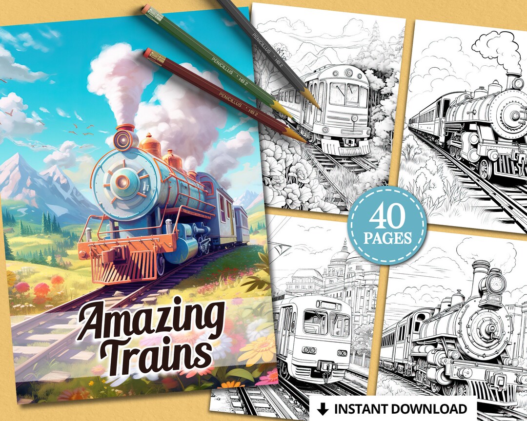 Trains Coloring Book Pages for Kids and Adults, Instant Digital ...