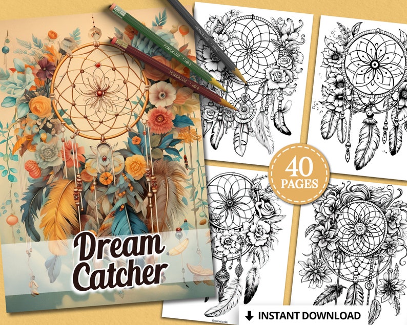 Dreamcatcher Coloring Book Pages for Kids and Adults, Instant Digital ...