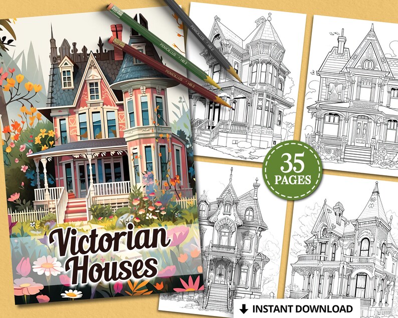 Victorian Houses Coloring Book Pages for Kids and Adults, Instant ...