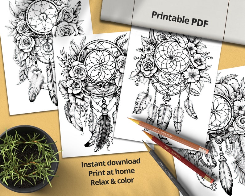 Dreamcatcher Coloring Book Pages for Kids and Adults, Instant Digital ...