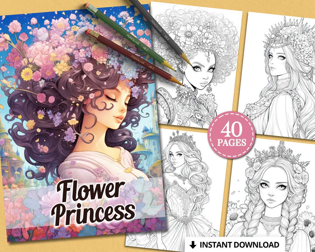 Flower Princess Coloring Book Pages for Kids and Adults, Instant ...