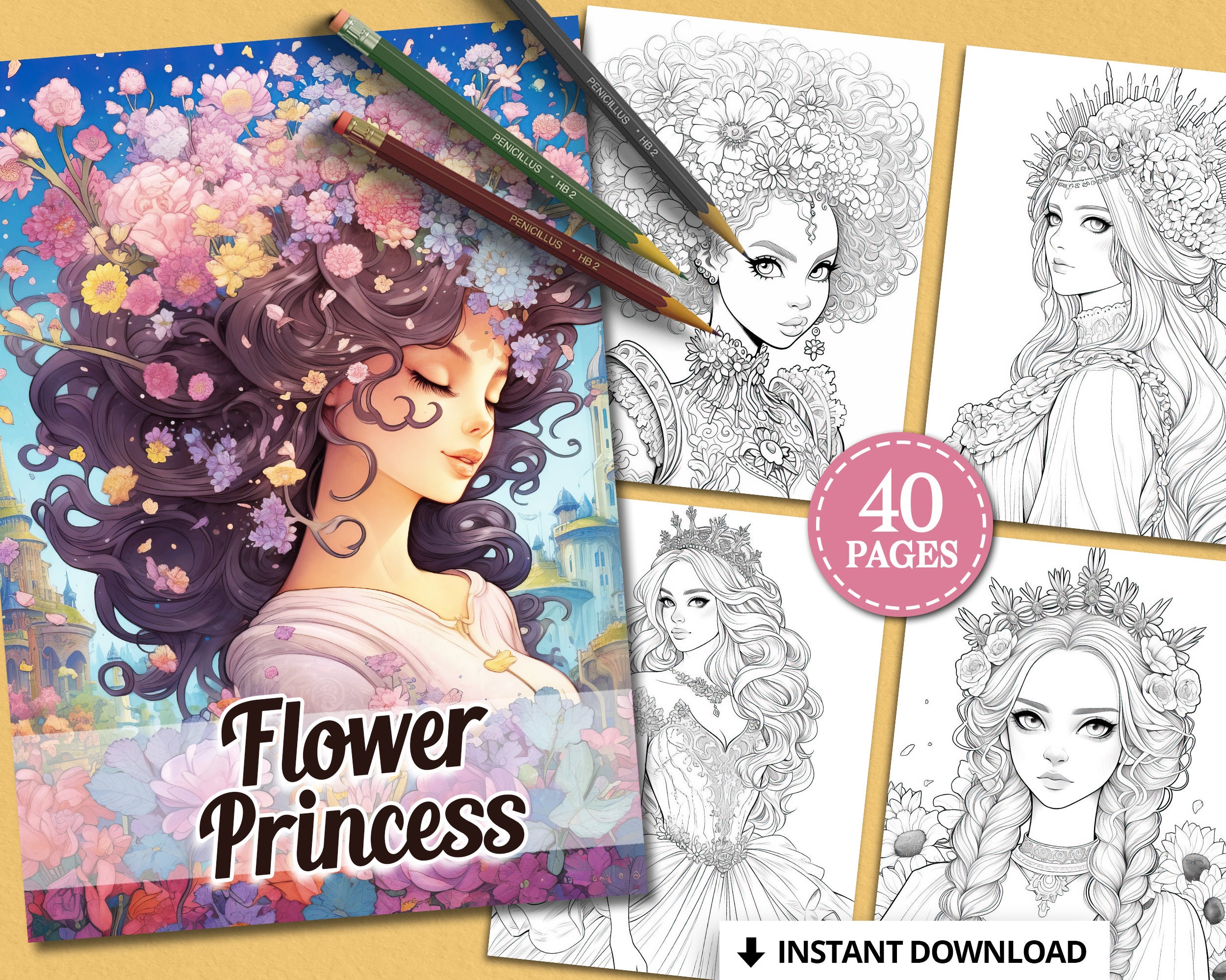 Flower Princess Coloring Book Pages for Kids and Adults, Instant ...