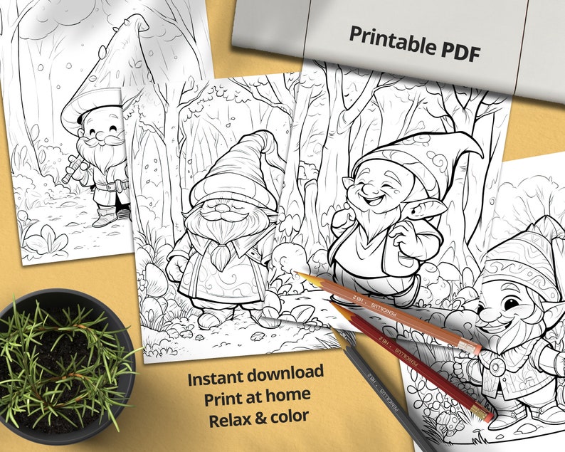 Cozy Gnomes Coloring Book Pages for Kids and Adults, Instant Digital ...