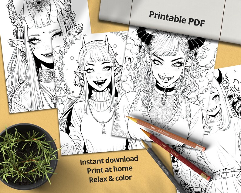 Demon Anime Girls Coloring Book Pages for Kids and Adults, Instant ...