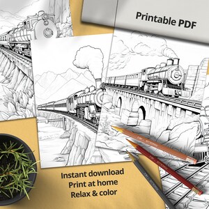Trains Coloring Book Pages for Kids and Adults, Instant Digital ...