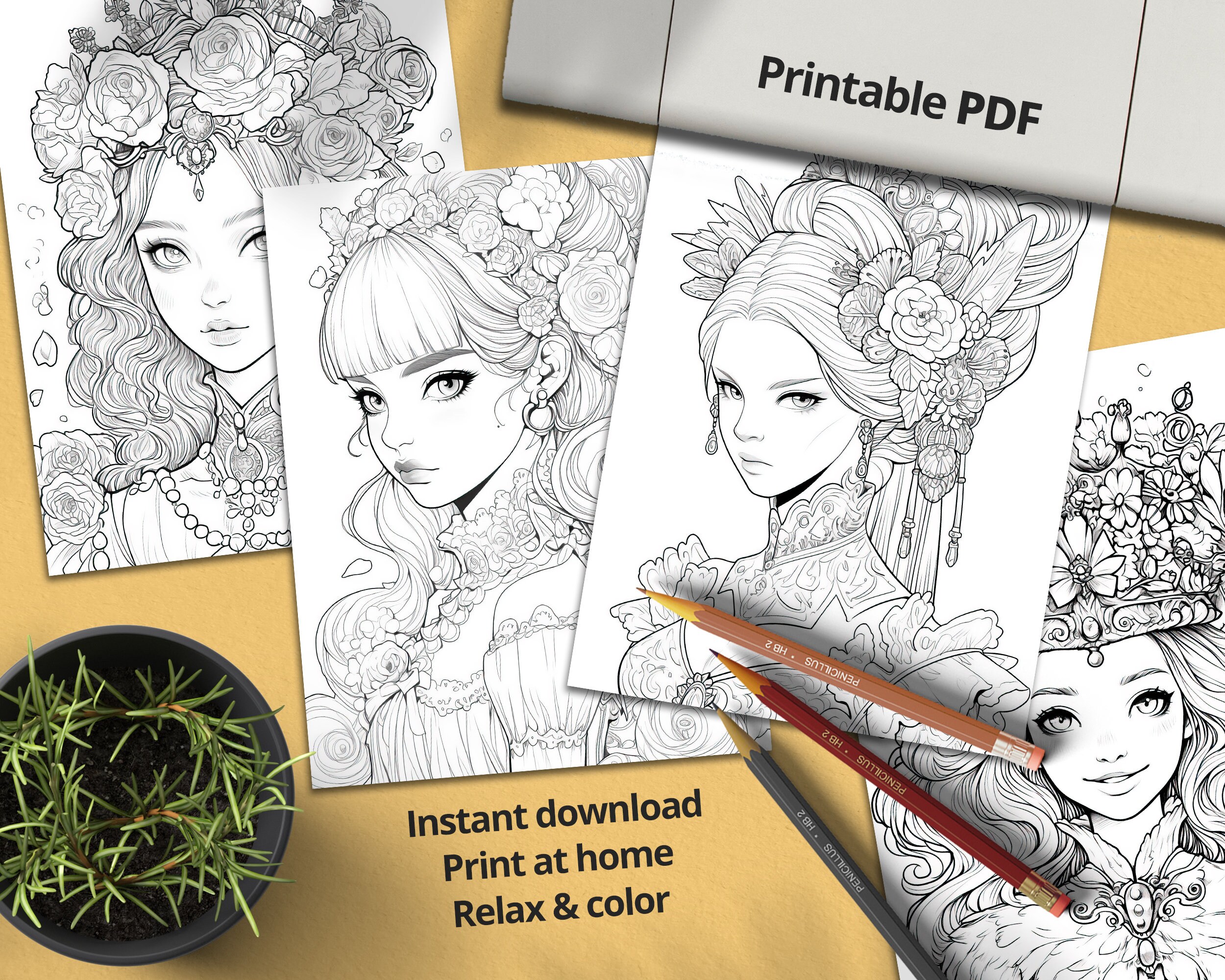 Flower Princess Coloring Book Pages for Kids and Adults, Instant ...