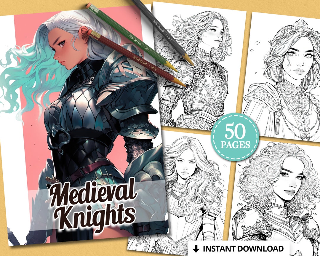 Knight Girls Coloring Book Pages for Kids and Adults, Instant Digital ...