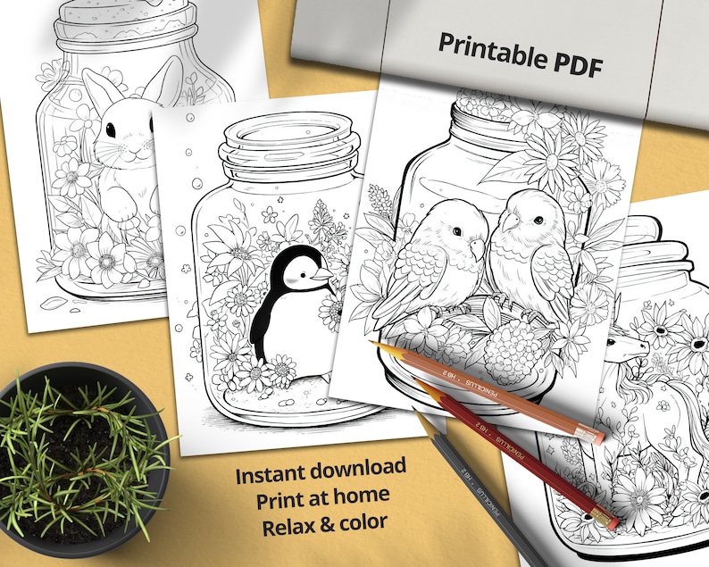 Animals in Jars Cottagecore Coloring Kawaii Coloring - Etsy