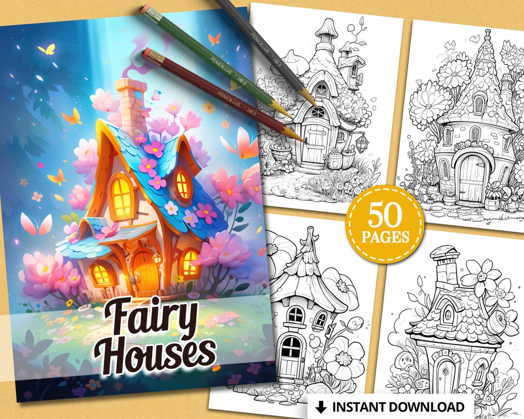 Fairy Houses Coloring Book Pages for Kids and Adults, Instant Digital ...