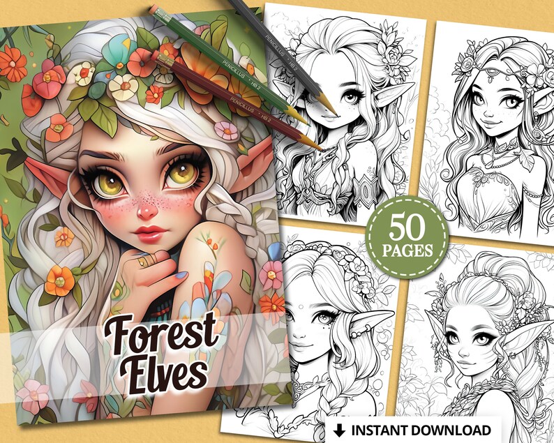 Forest Elf Coloring Book Pages for Kids and Adults, Instant Digital ...